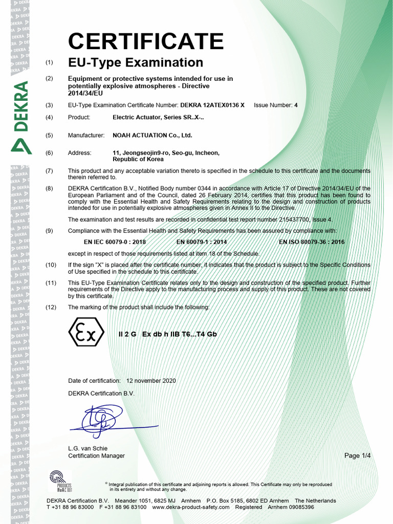 DEKRA EU-Type Examination Certificate for Electric Actuator | PDF ...