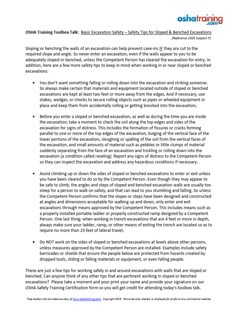 Basic Excavation Safety - OSHA Rules Sloped and Benched Excavations ...