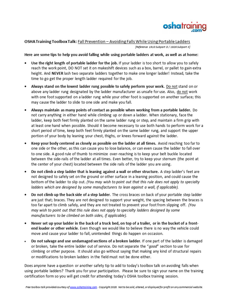 Fall Prevention - Avoiding Falls From Portable Ladders | PDF | Ladder ...