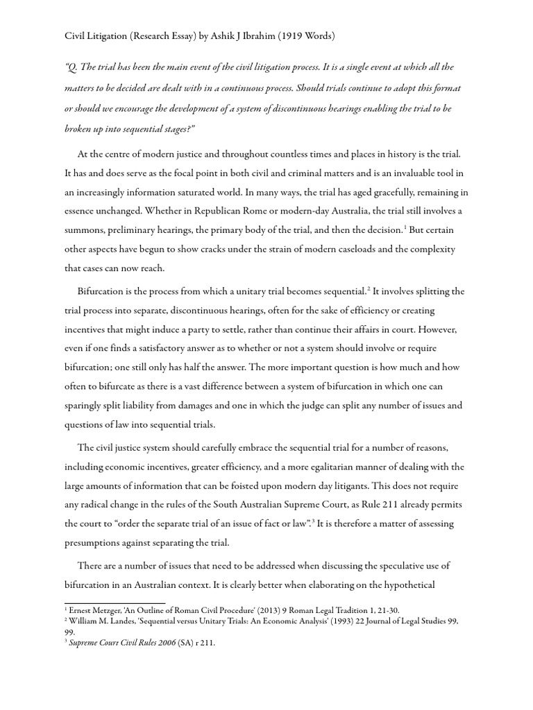 Research Essay On Civil Litigation | PDF | Lawsuit | Trials