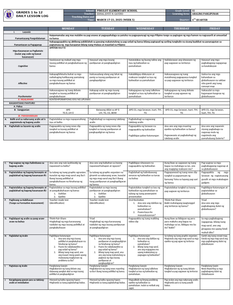 DLL Araling Panlipunan 6 q4 w5 | PDF