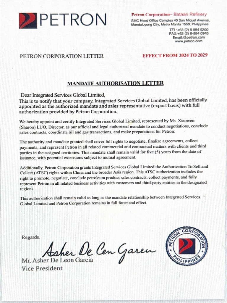Mandate Authorisation Letter - Petron - Bataan Refinery | PDF