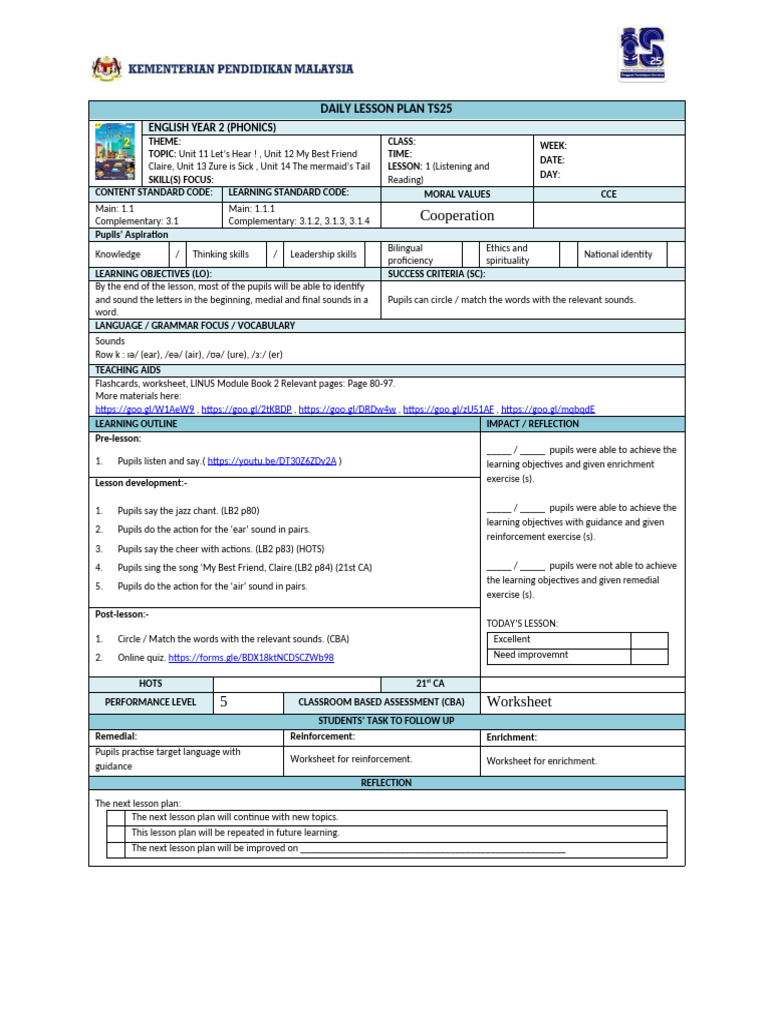 10.1 BI Y2 LP TS25 - Phonics | PDF | Lesson Plan | Phonics