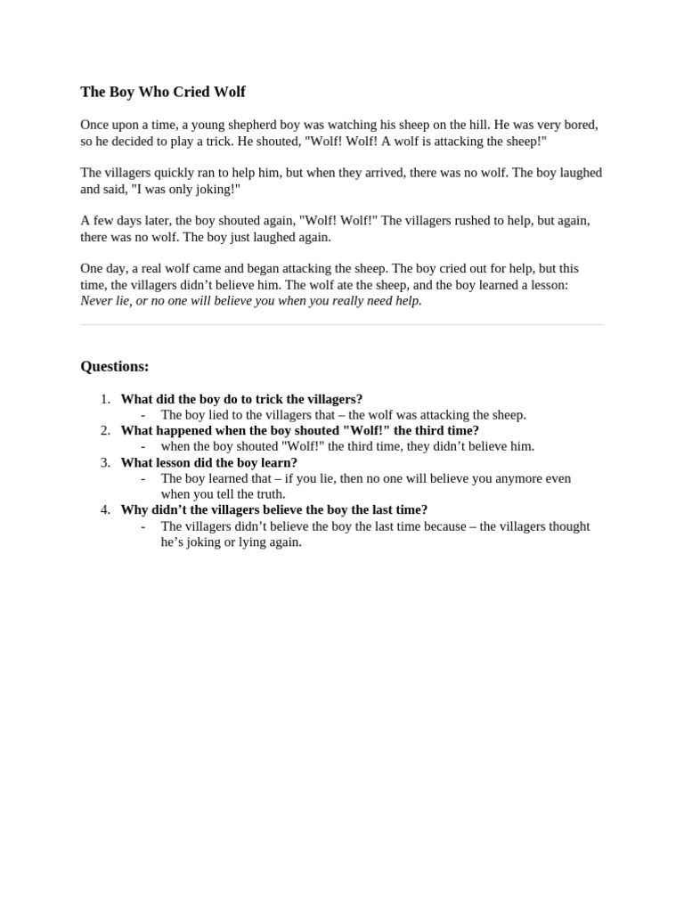 Short Story - The Boy Who Cried Wolf | PDF