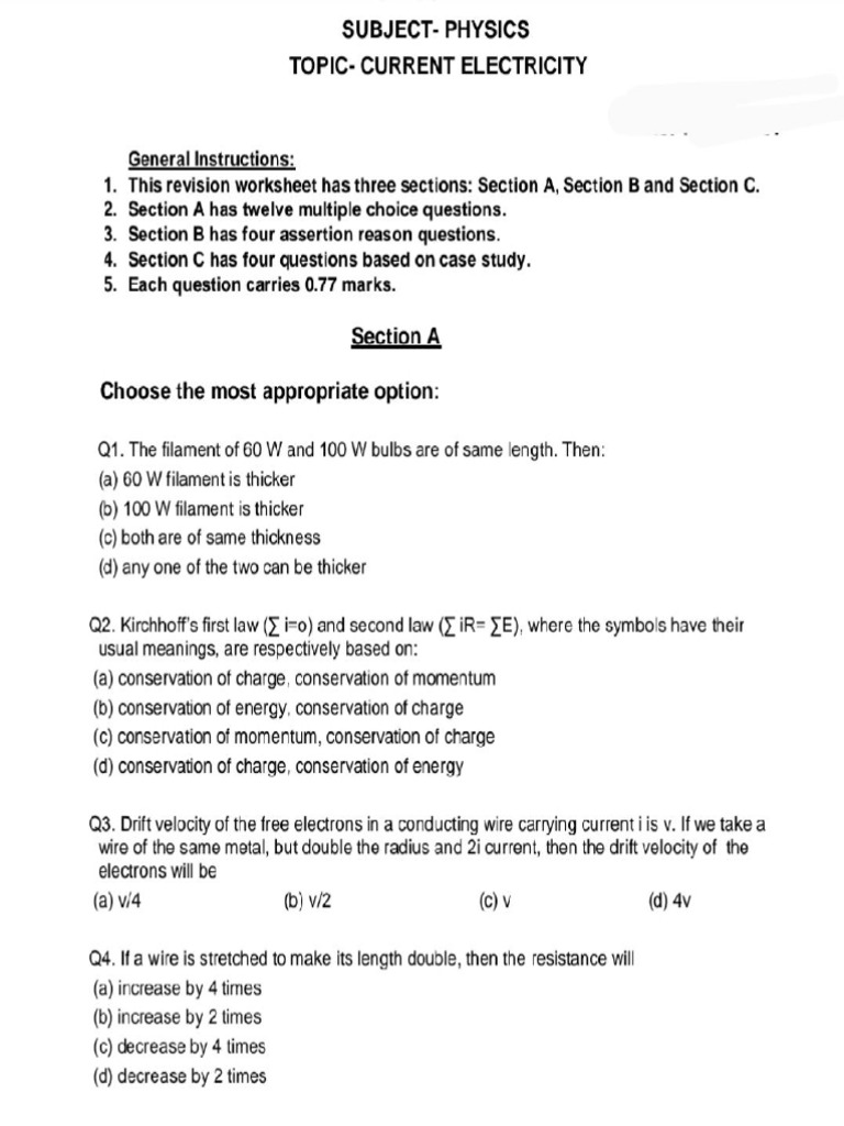 Worksheet Current Electricity Class 12 | PDF