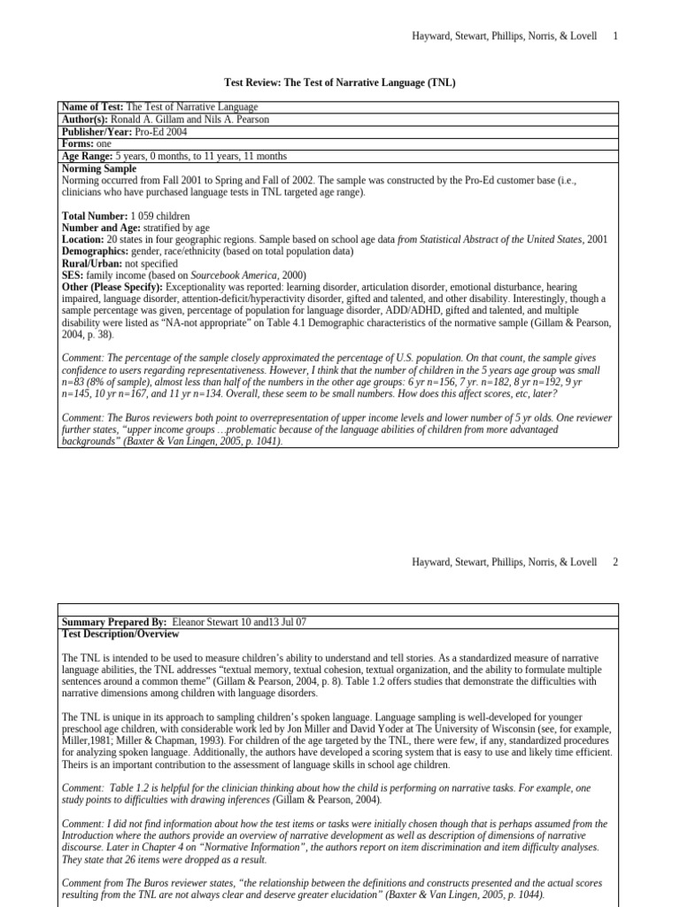 The Test of Narrative Language (TNL) | PDF