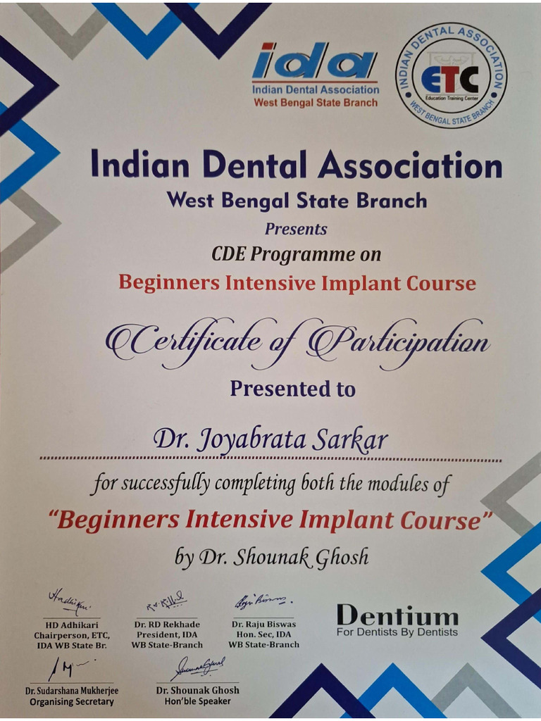 Implant Certificate DR Joyabrata Sarkar | PDF