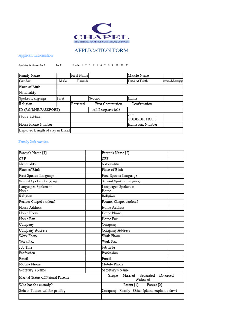 Chapel School Application Form | PDF | Social Institutions