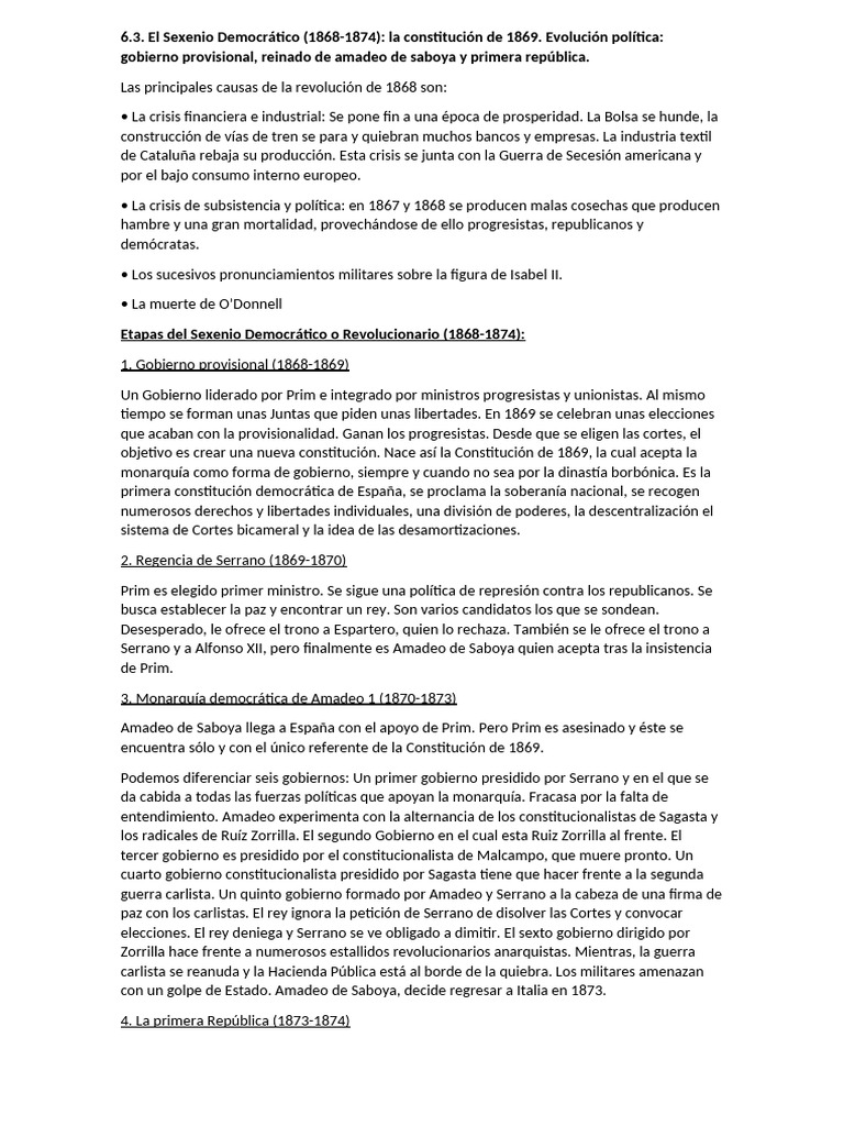 5.3. El Sexenio Democrático (1868-1874) La Constitución de 1869. Evolución Política Gobierno ...