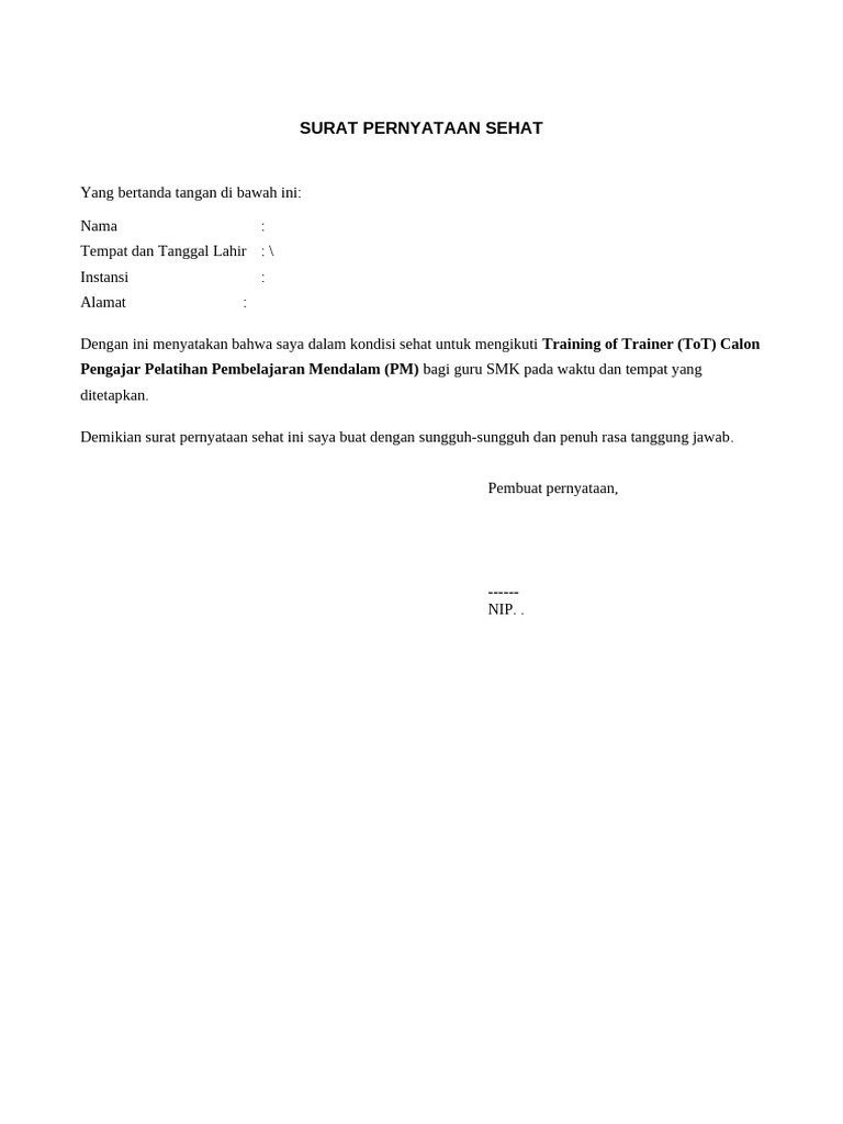 Surat Pernyataan Sehat | PDF