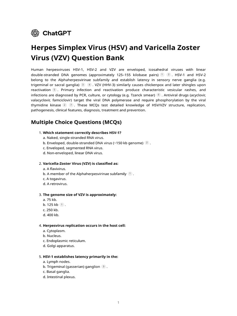 Herpes Simplex Virus (HSV) and Varicella Zoster Virus (VZV) Question ...