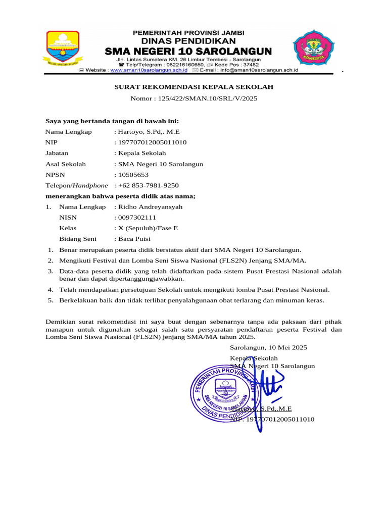 Surat Rekomendasi Kepala Sekolah FLS2N 2025 | PDF