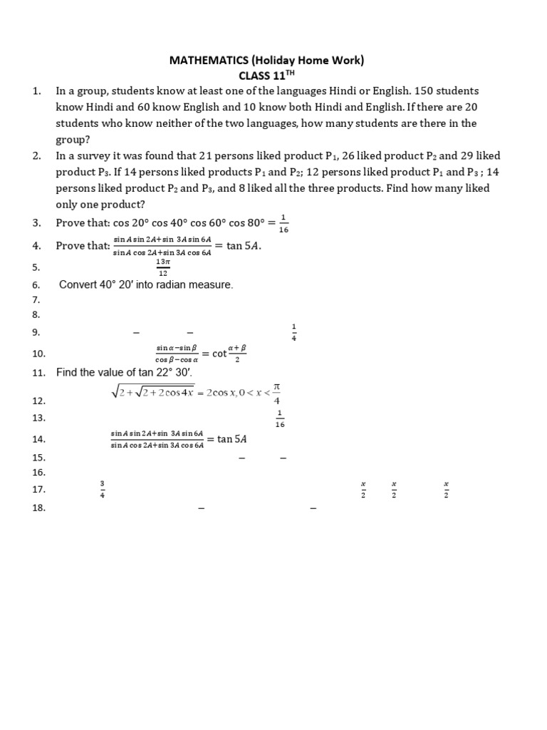 Class 11 Math Holiday Homework Guide | PDF