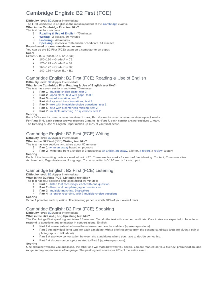 Cambridge B2 First Exam Overview | PDF | Tests | Standardized Tests