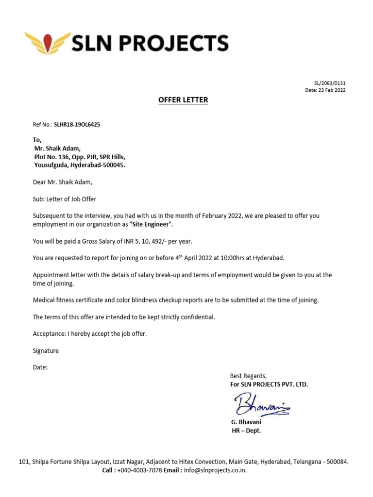 Job Offer for Site Engineer - Adam Shaik | PDF