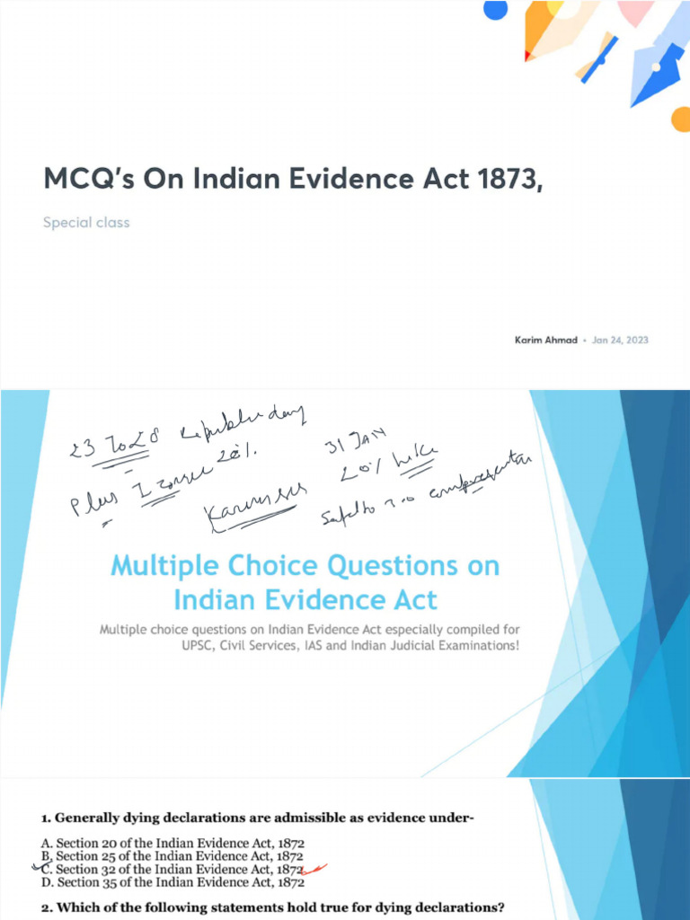 MCQs On Indian Evidence Act 1873 With Anno | PDF