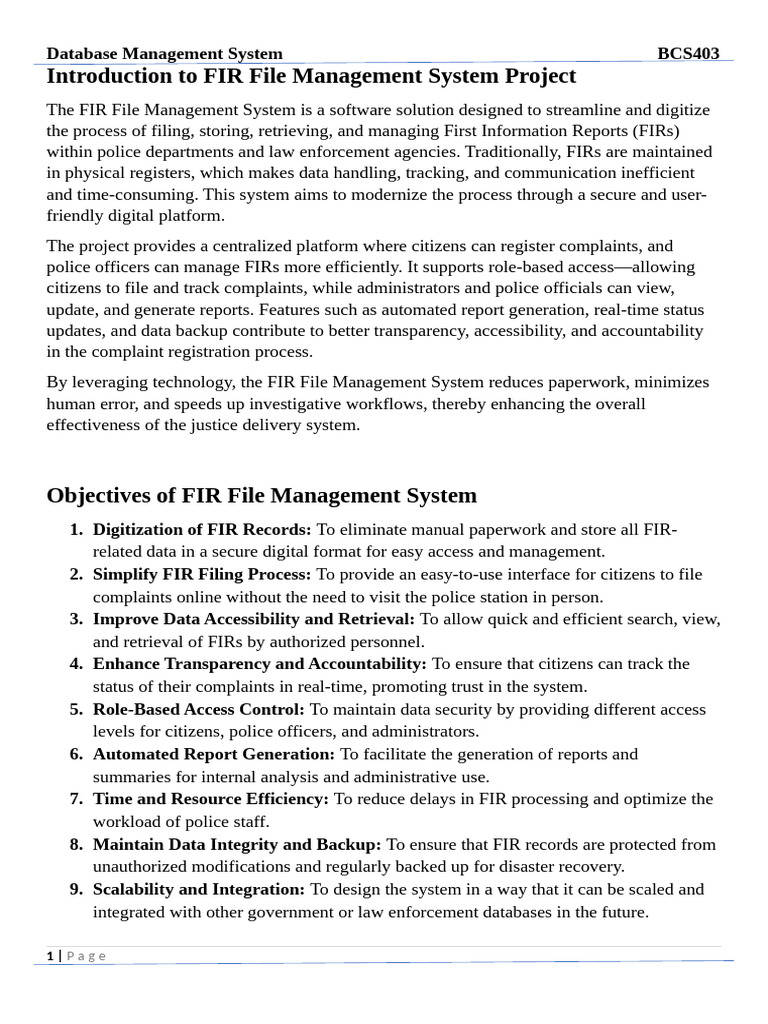 Introduction To FIR File Management System Project | PDF | Databases ...