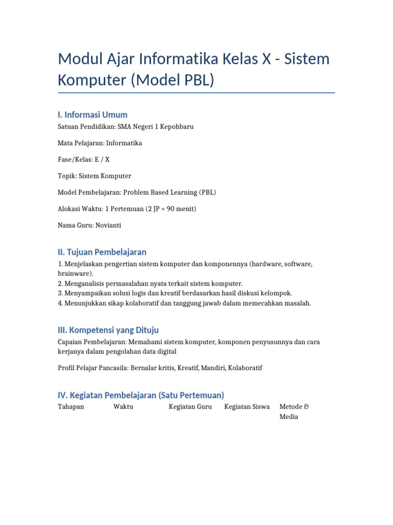Modul PBL Sistem Komputer Kelas X | PDF