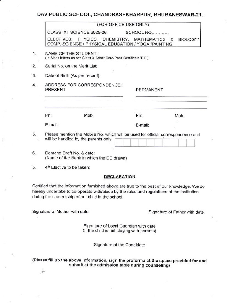 N3a - Admission Proforma For Class Xi Science - General | PDF