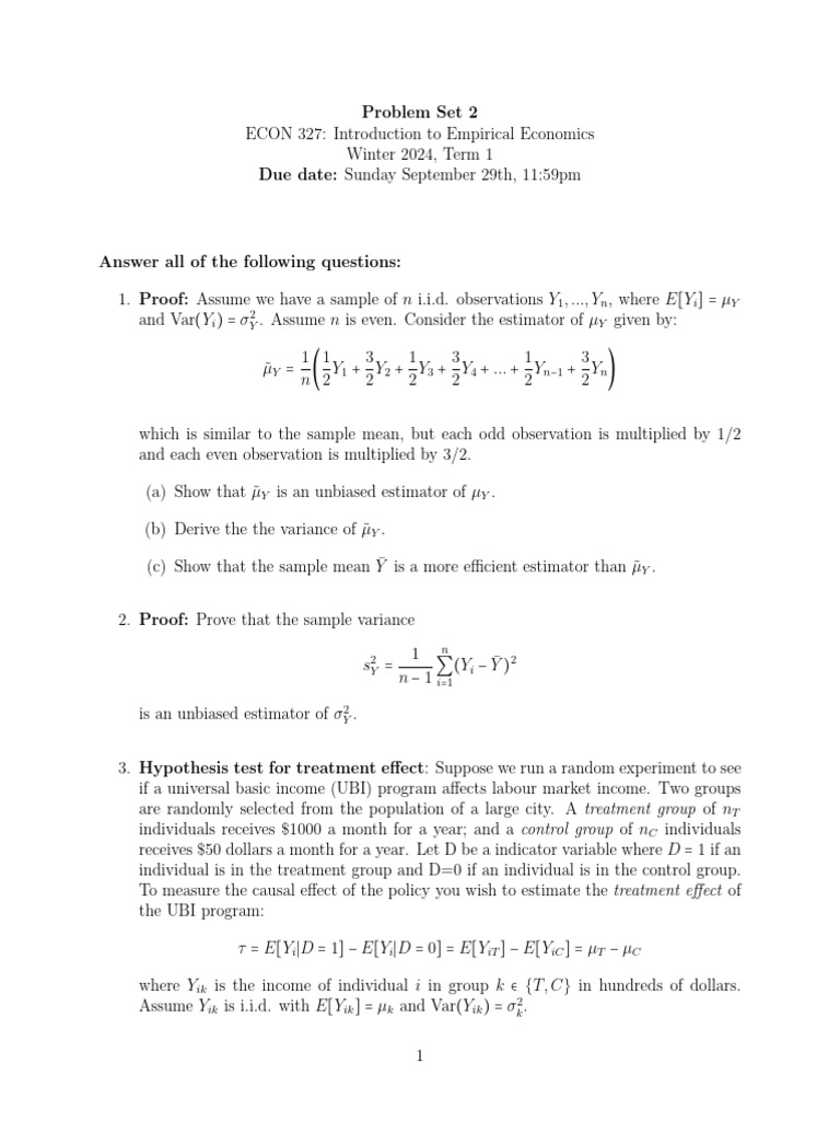 ECON 327 2024 01 ProblemSet 2 | PDF | Null Hypothesis | Estimator
