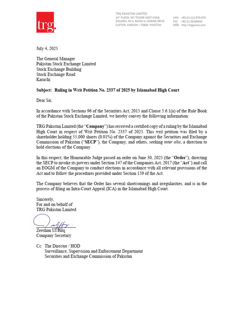 TRG Pakistan Court Ruling Update 2025 | PDF
