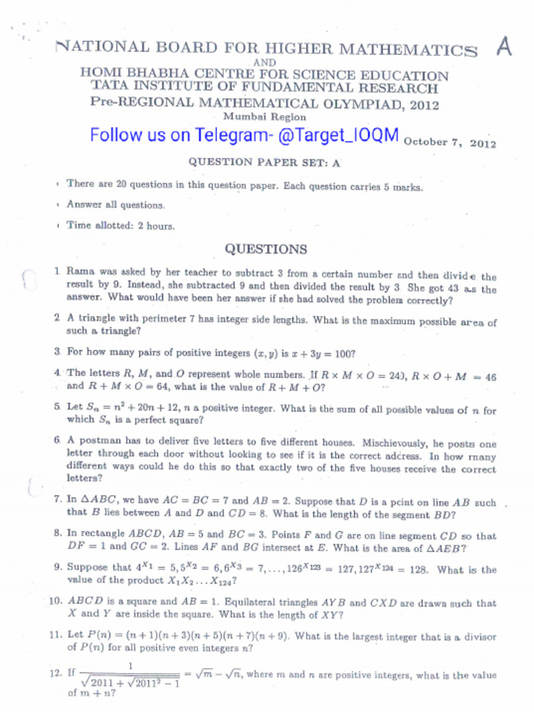 PRMO+IOQM Previous Year Question Paper by @target - IOQM | PDF ...
