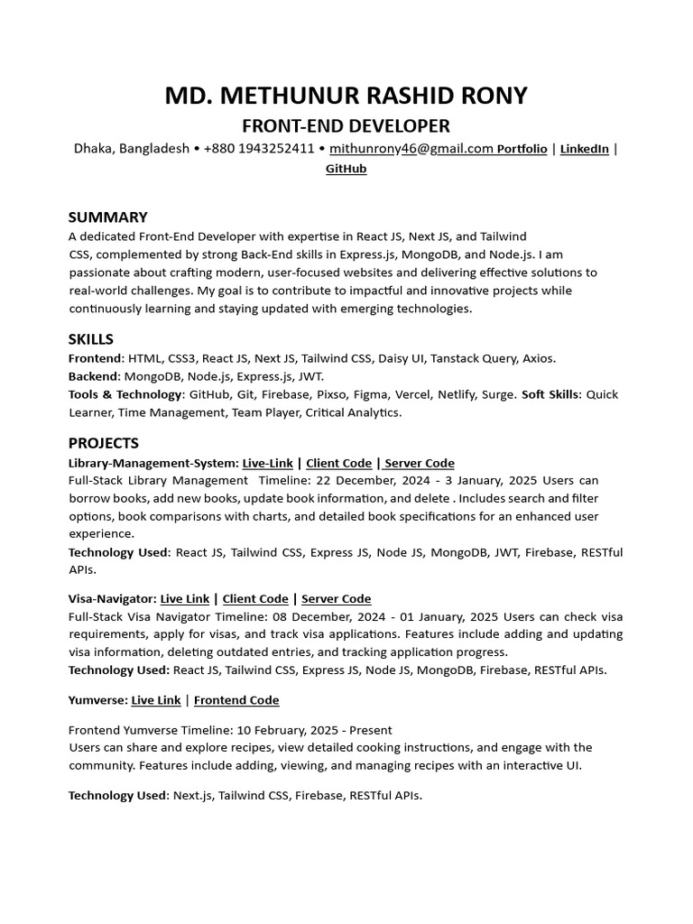 Resume of Methunur Rashid Front End Developer | PDF