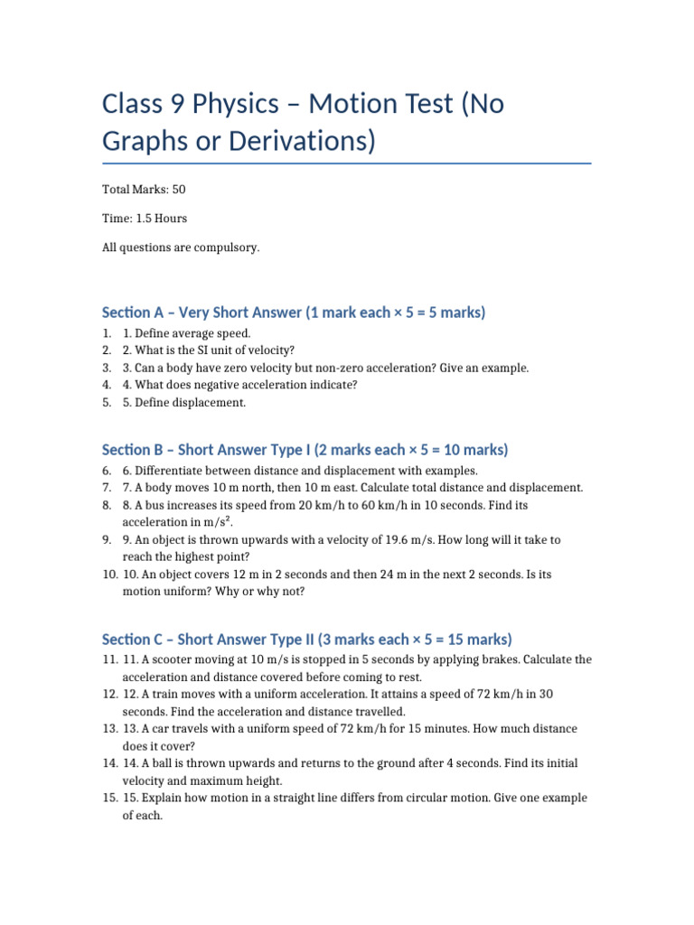 Class 9 Physics Motion Test Questions | PDF