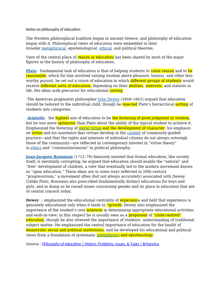 Notes On Philosophy of Education | PDF | Philosophy Of Education | Reason