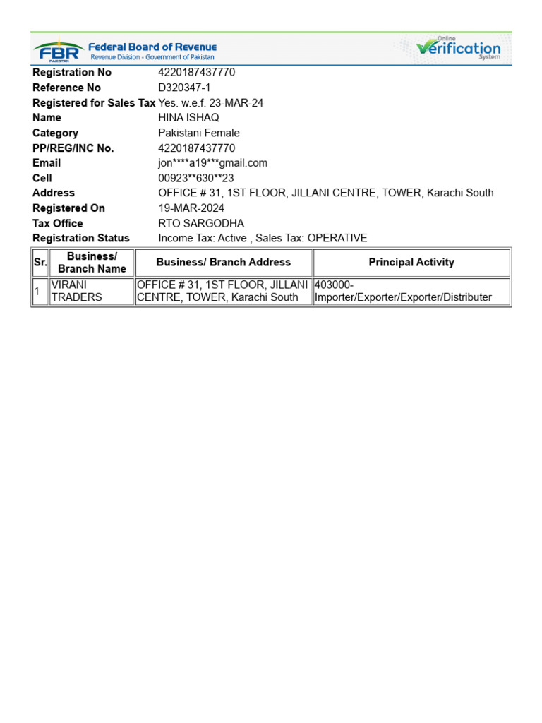 Virani Traders Sales Tax Registration | PDF