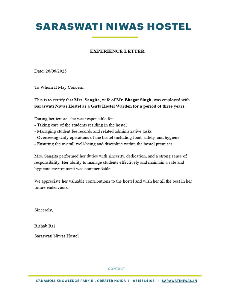 Sangita Experience Letter | PDF