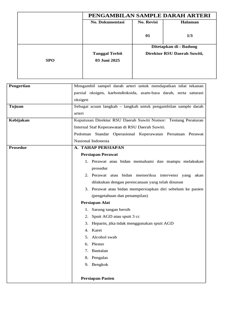 Prosedur Pengambilan Sampel Darah Arteri | PDF
