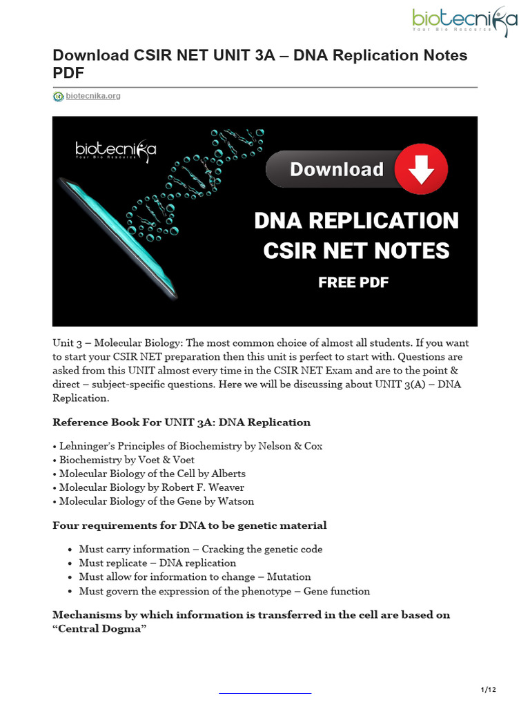 CSIR NET UNIT 3A DNA Replication Notes PDF 2 | PDF | Dna Replication | Dna