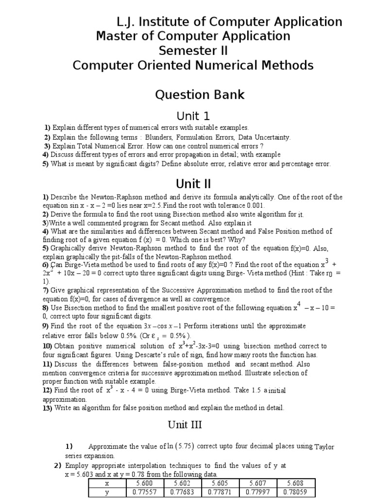 L.J. Institute MCA Numerical Methods Question Bank | PDF | Interpolation | Numerical Analysis