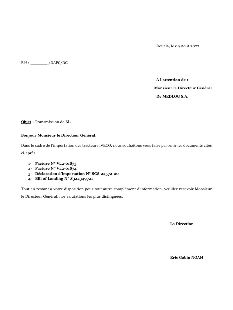 Lettre de transmission de documents BL | PDF