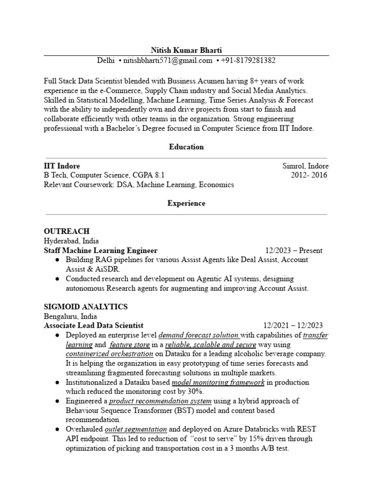 Nitish Kumar Bharti Resume | PDF | Time Series | Machine Learning