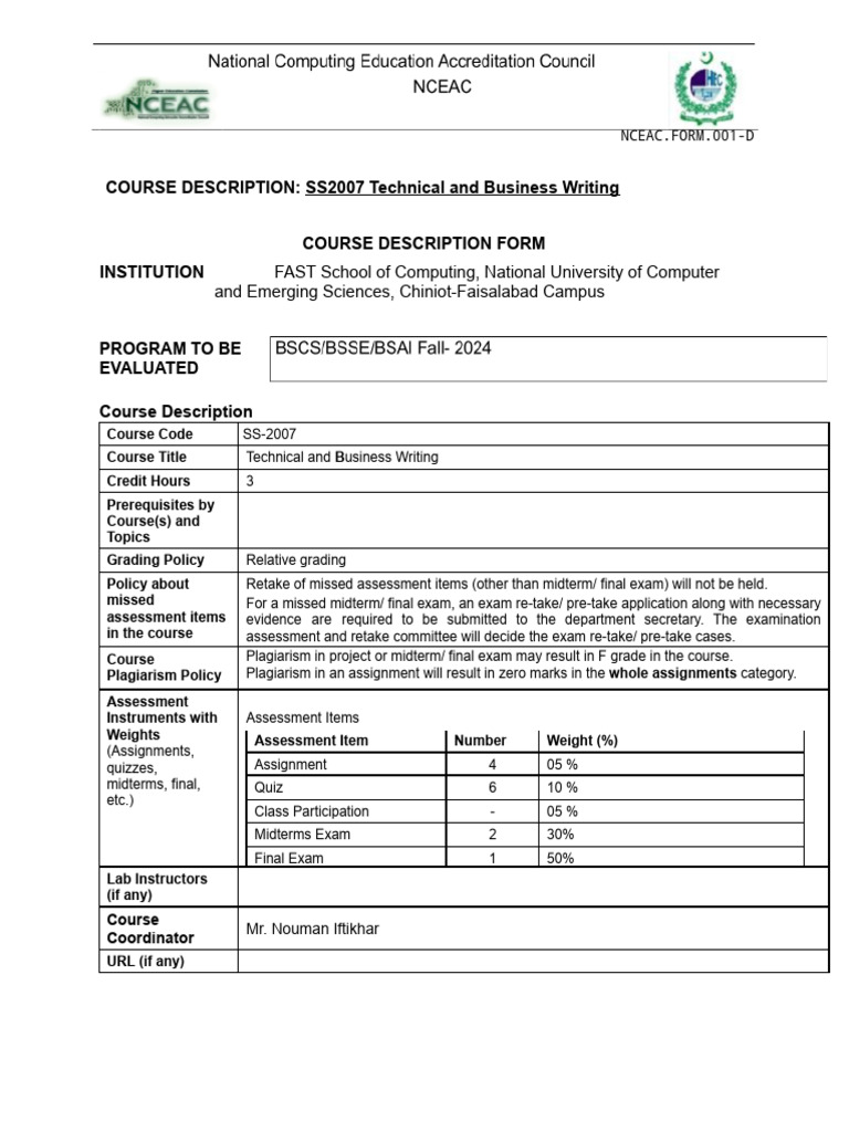 TBW Course Outline Fall-2024 updated 5 (15-10-24) - Copy.docx | PDF | Computing | Memorandum