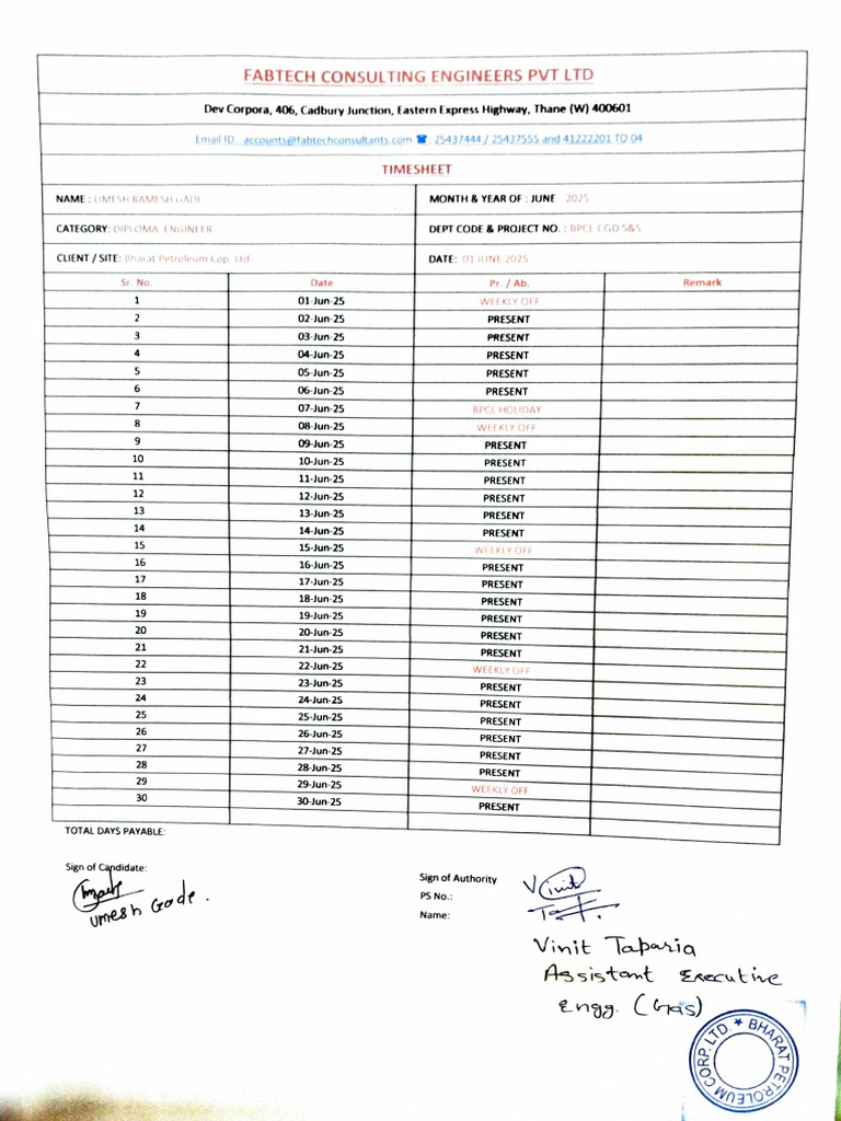 Time Sheet Umesh Gade June-2025 | PDF