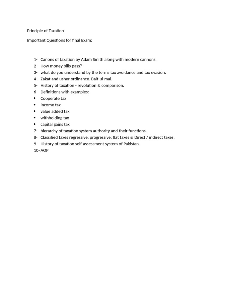 Principle of Taxation Important Questions | PDF