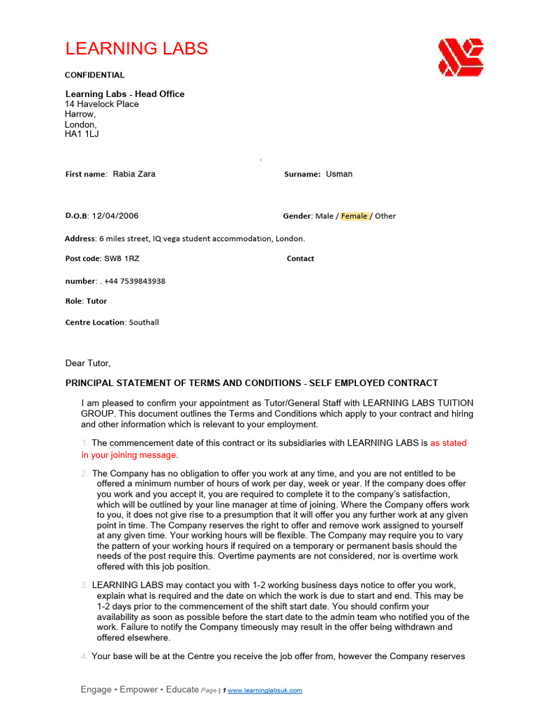 Learning Labs - Employment Contract WEMBLEY, HARROW and BRENT | PDF | Bribery | Employment