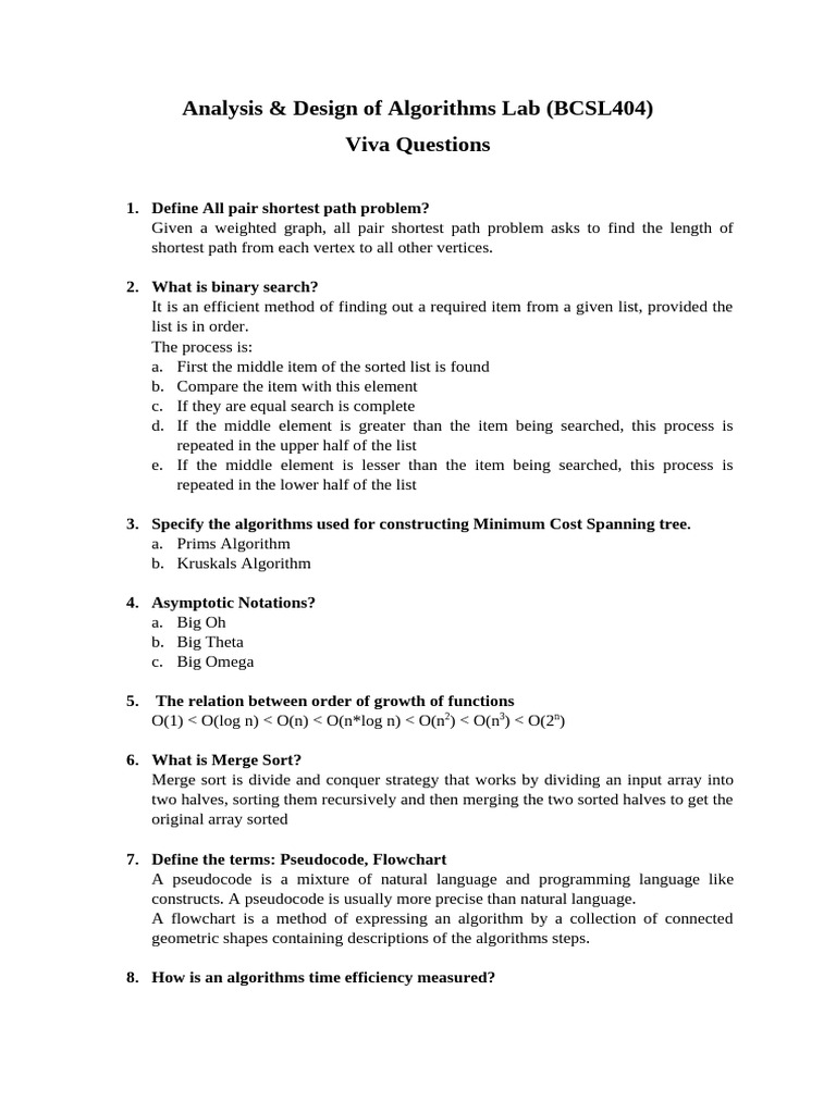 ADA Lab VIVA Questions & Answers | PDF | Computational Complexity Theory | Algorithms And Data ...