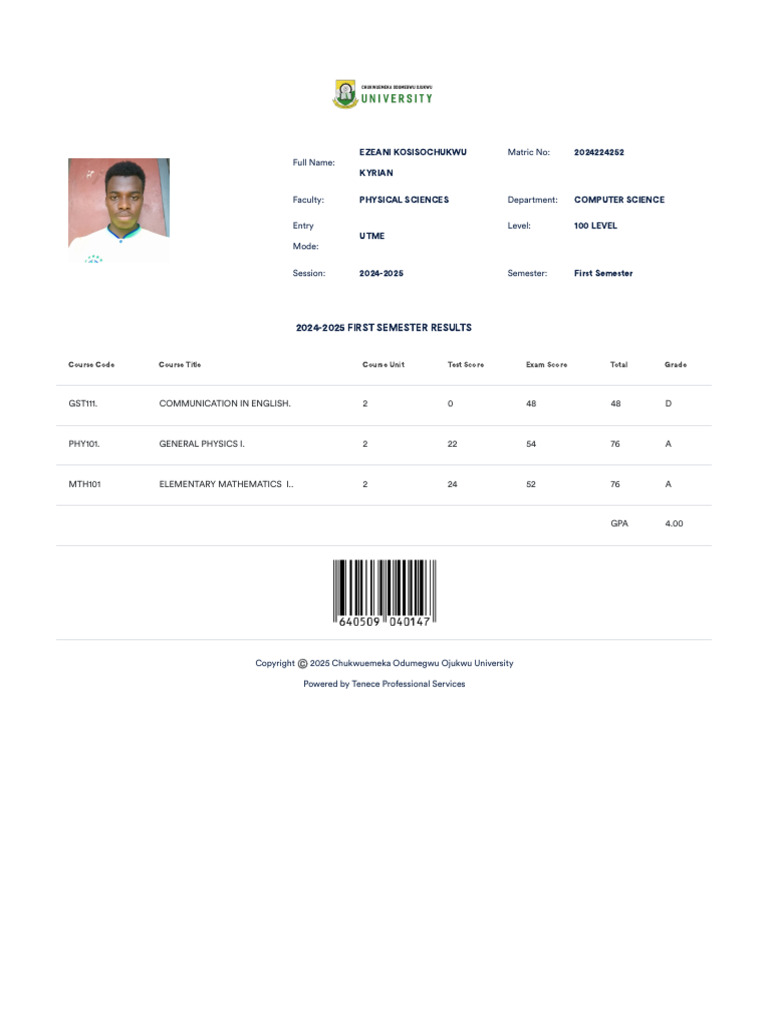 COOU 2024-2025 First Semester Results | PDF