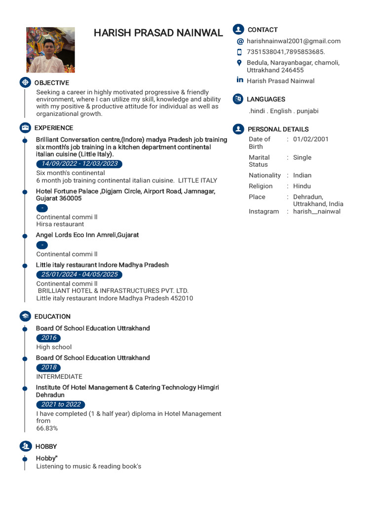Culinary Career Profile of Harish Nainwal | PDF