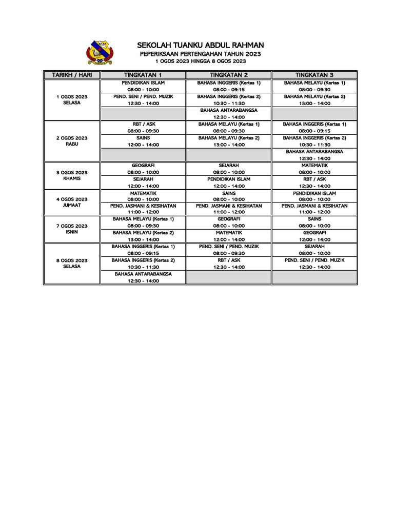 Jadual PPT 2023 Lower Form | PDF