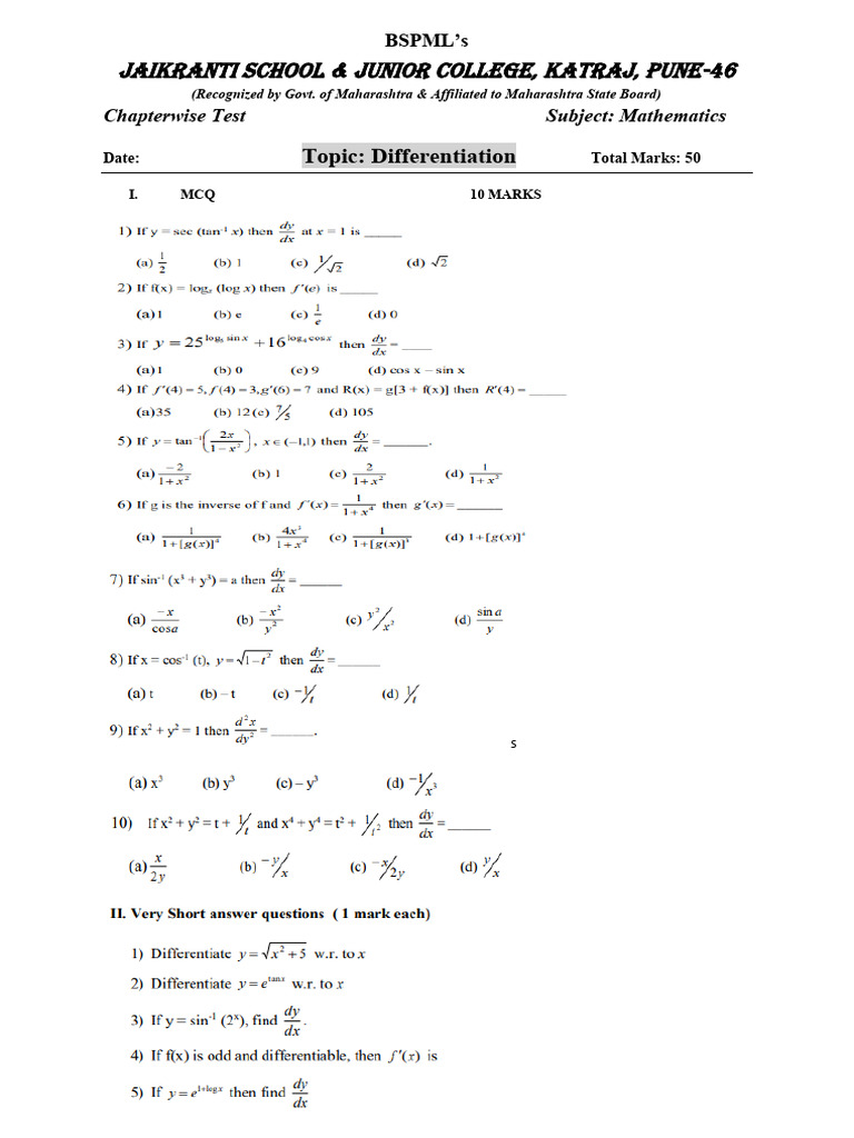 Mathematics Differentiation Test Paper | PDF
