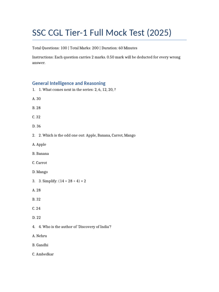 SSC CGL Tier-1 Mock Test 2025 | PDF | Chess Openings | Chess