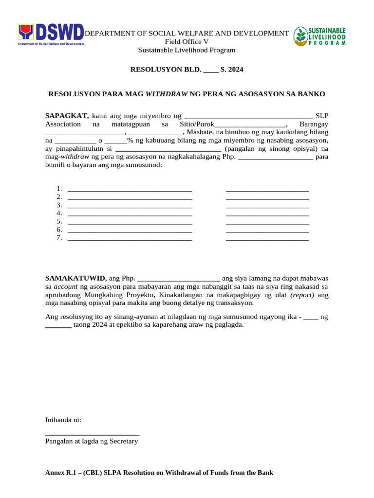 Resolution To Withdraw Fund To SLPA Account | PDF