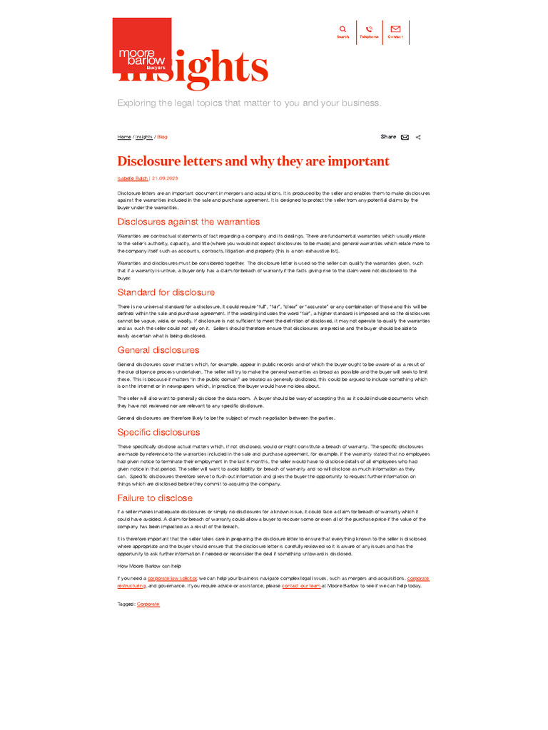 Disclosure Letters and Why They Are Important - Moore Barlow LLP | PDF ...
