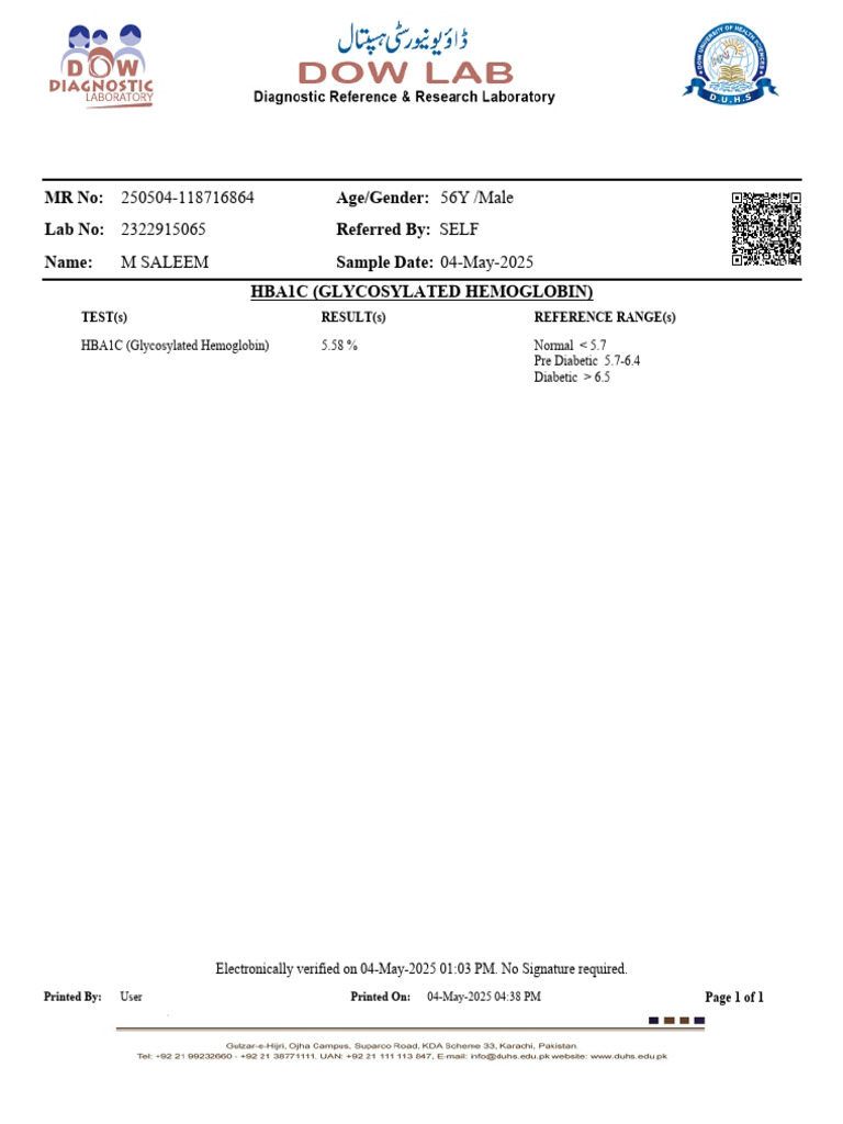 HBA1C Test Results for M Saleem | PDF