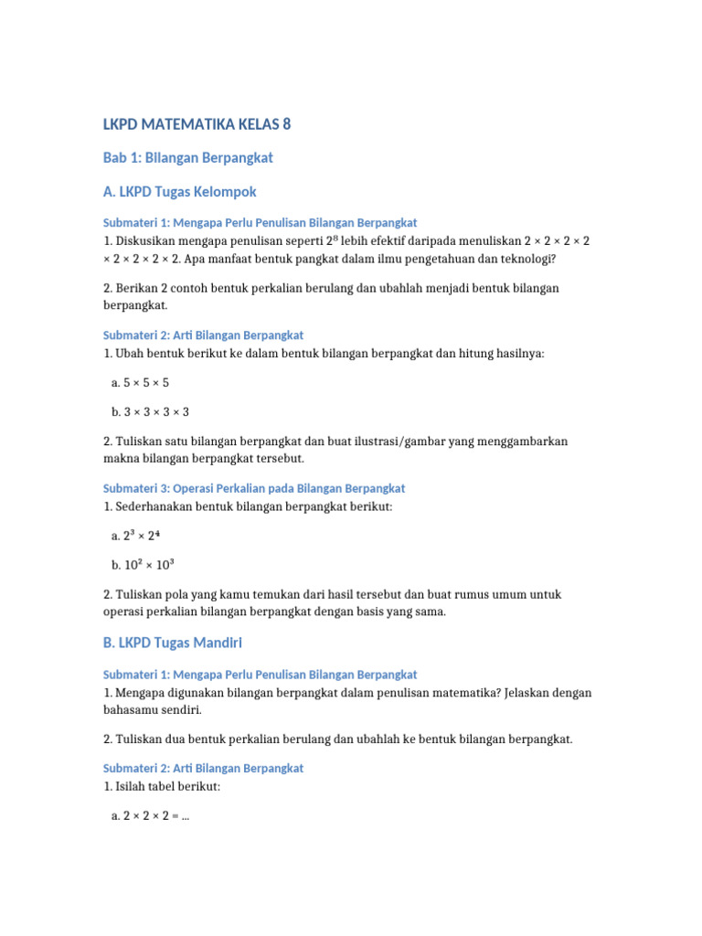 LKPD Bilangan Berpangkat Kelas8 | PDF